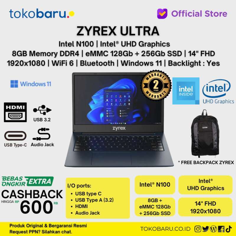 Promo Laptop Zyrex Ultra Intel N100/ 14 Fhd 1920x1080/ 8gb/ Emmc 128gb ...