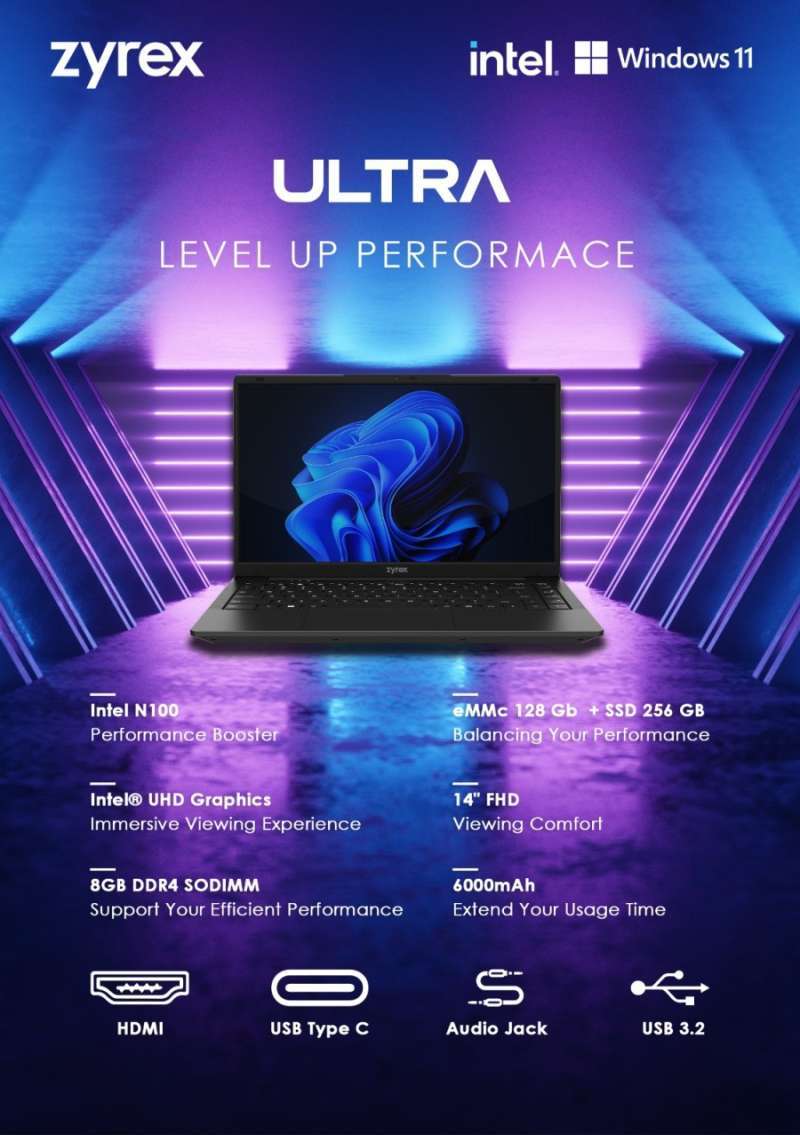 Promo Laptop Zyrex Ultra Intel N100/ 14 Fhd 1920x1080/ 8gb/ Emmc 128gb ...