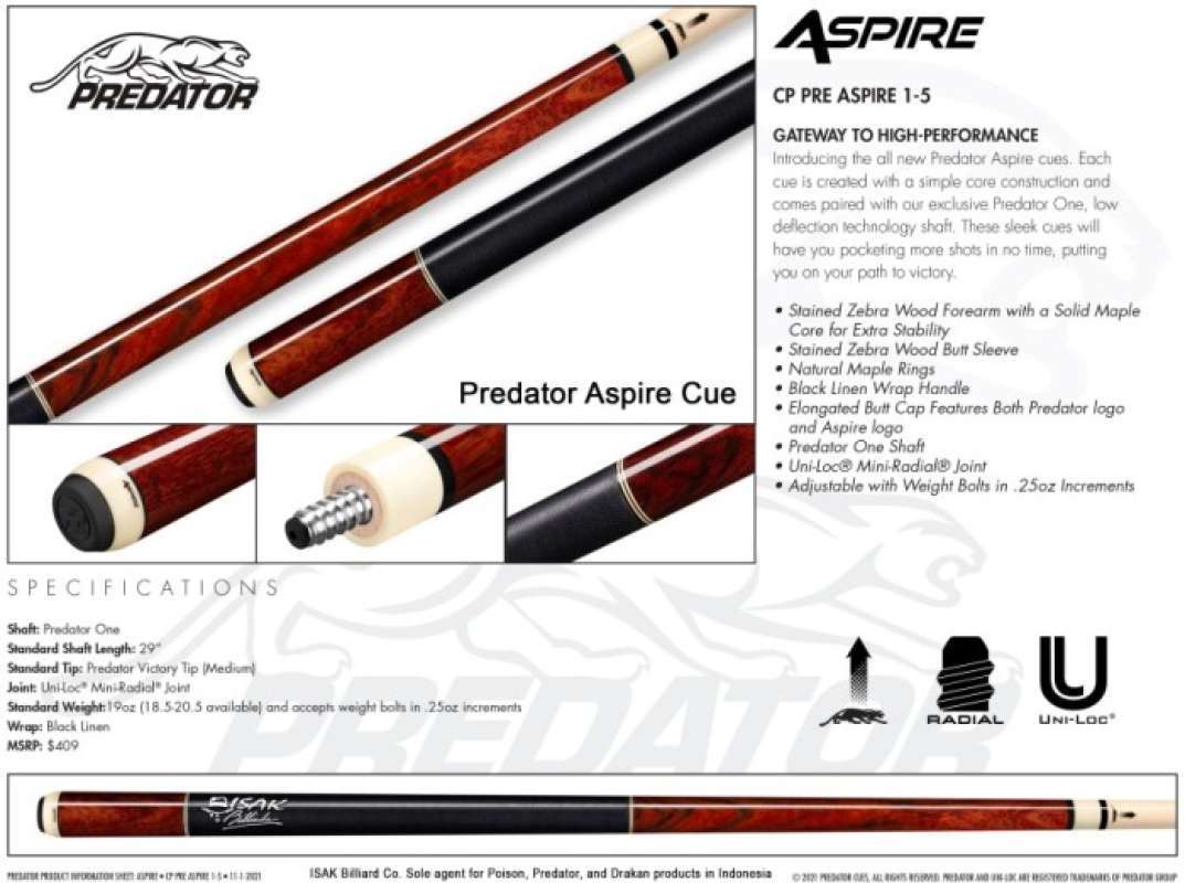 Jual Predator Aspire 1-5 Pool Cue | Low Deflection Radial Stick ...