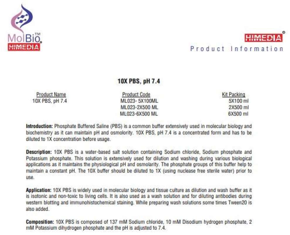 Promo Phosphate Buffered Saline ( Buffer 10x Pbs ) 100ml Himedia Ml023 ...