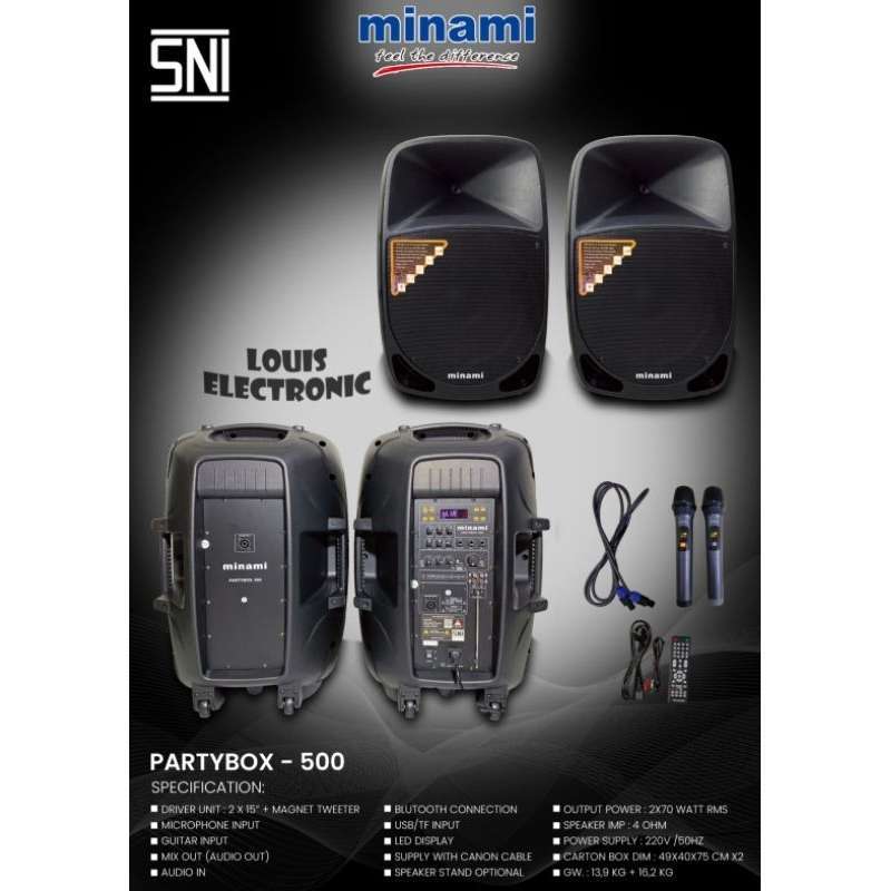 Jual Speaker Aktif + Pasif 15 Inch Minami Partybox 500 ( Komplit Stand ...