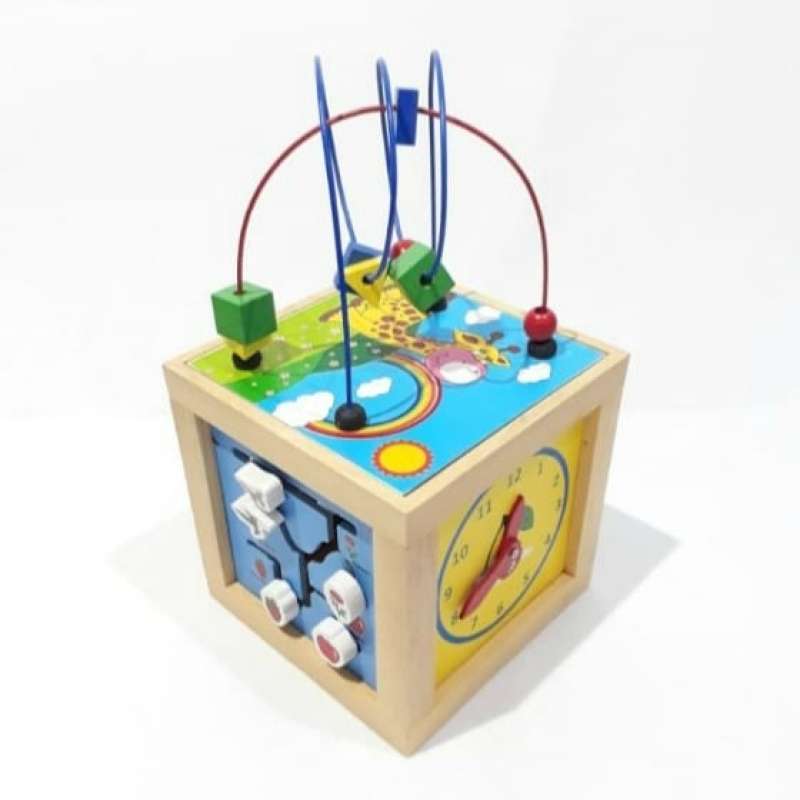 Promo Mainan Kayu Kotak 5 In 1 Geometri Jam Counting Ring Maze Wire ...