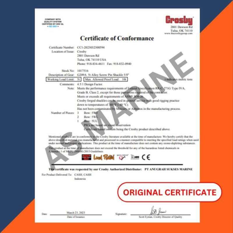 Jual Shackle Dee / Segel Dee G210 Screw Pin 1-1/4 12 Ton Crosby Di ...