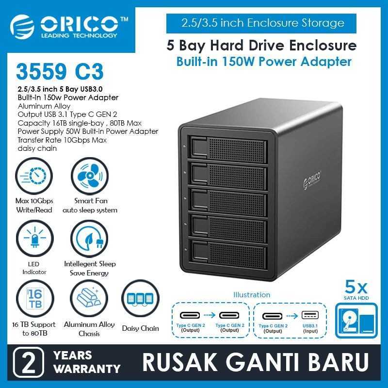 Promo ORICO 3559C3 5-Bay USB3.1 Type C External Hard Drive Enclosure ...
