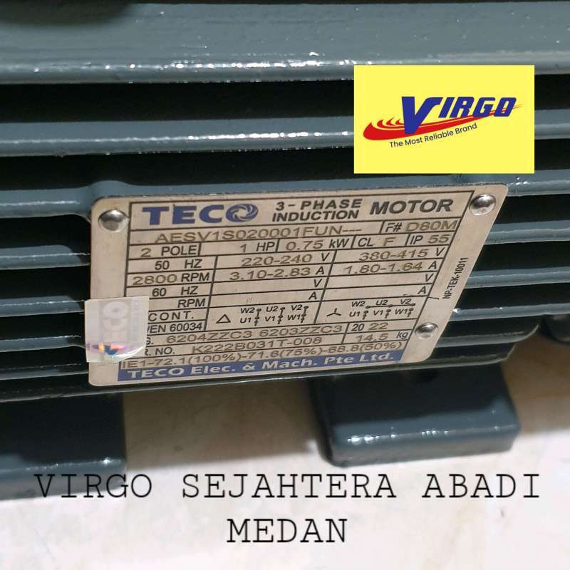 Jual TECO 1 HP 0.75KW DINAMO ELEKTRO MOTOR 3 PHASE 220 VOLT 2 POLE 2800 RPM AESV1S ORIGINAL TECO ...