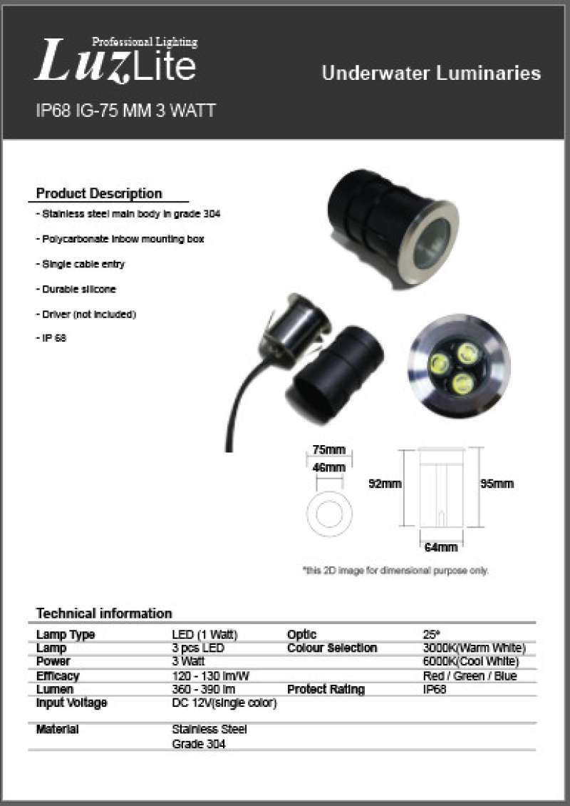 Promo Lampu Underwater 3 X 1watt Type Lz-ig075 Ip68 Merk Luz Lite ...