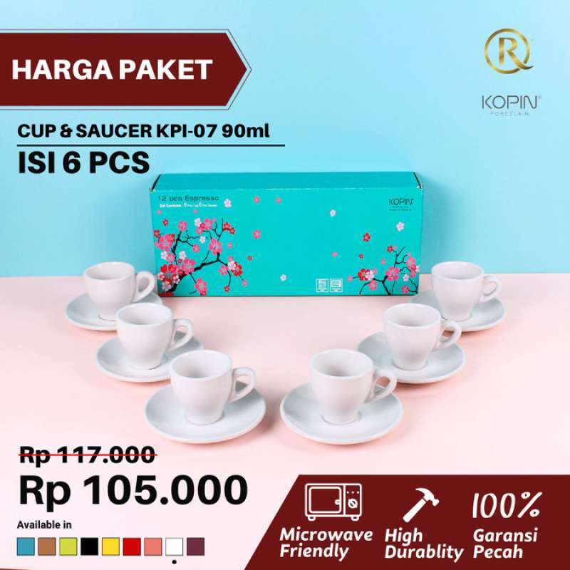 Promo 6 Sets Cup & Saucer Kpi-07 Coffee Tea 2 Warna Porcelain 90Ml Kopin Terbaik - Putih Diskon ...