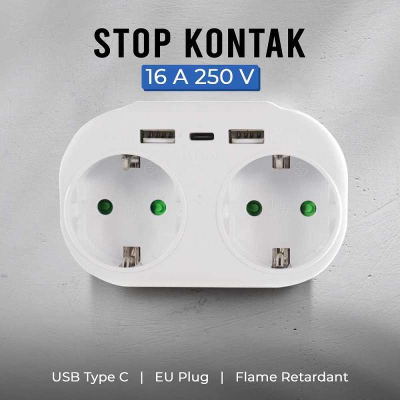Jual Delightfire Stop Kontak Usb Type C Eu Plug Flame Retardant 16a ...