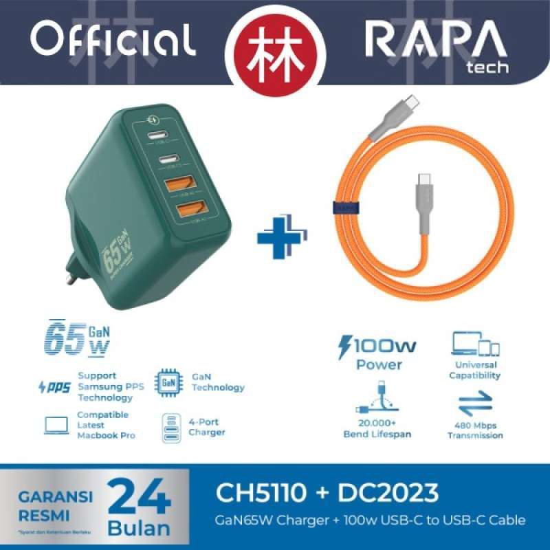 Promo Rapatech Ch5110 - Power Gan I - Gan65w Fast Charger 4 Port 65w Pps - +dc2023 C-c100w Abu ...