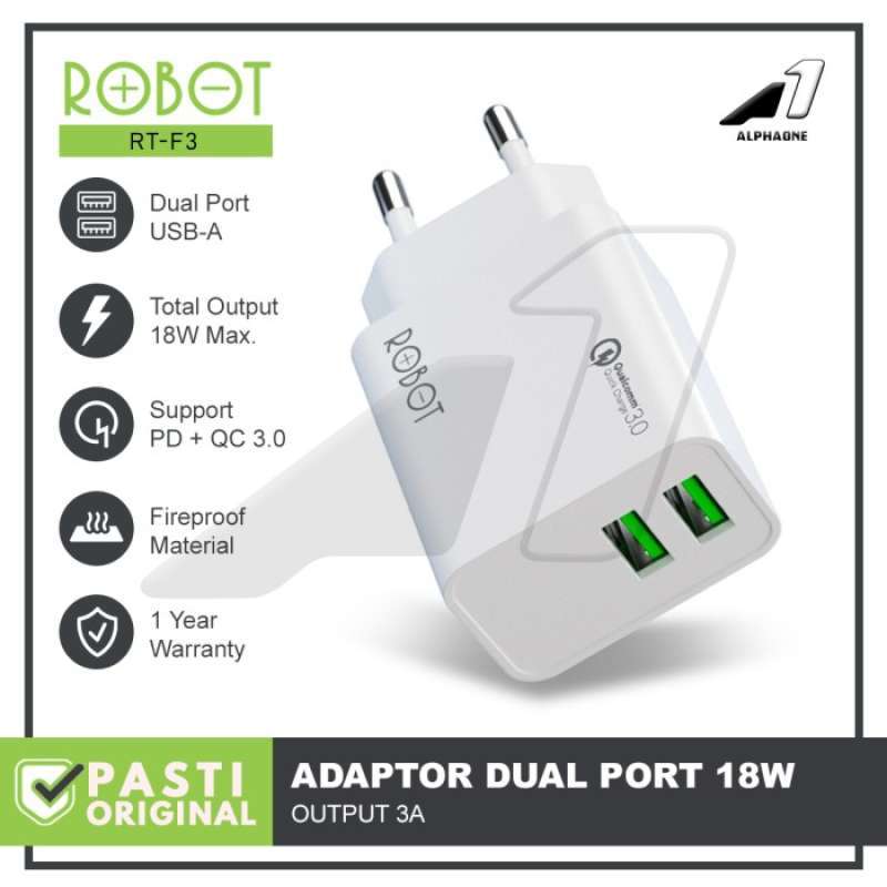 Promo Robot Adaptor Kepala Charger Rt-f3 Dual Port Usb Fast Charging 18w Diskon 50% Di Seller ...