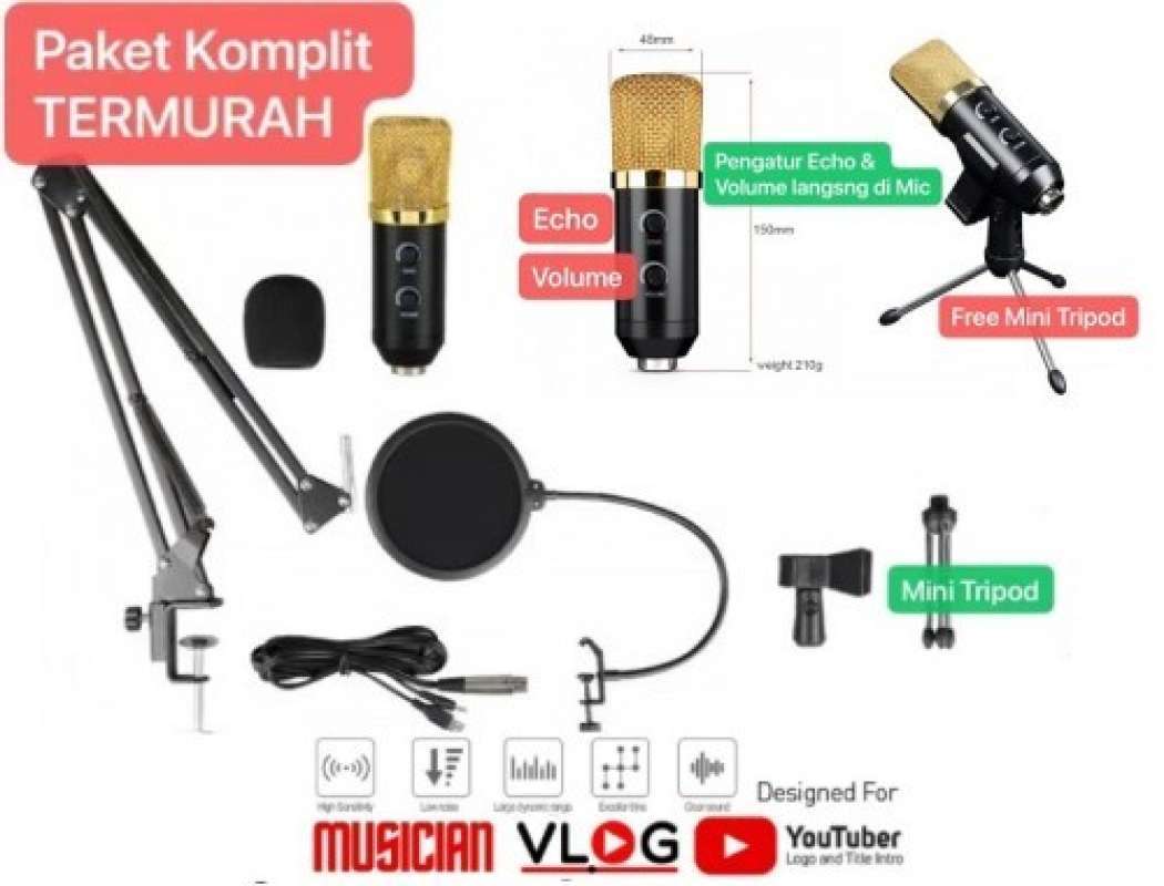 Promo Rekaman Mic Fesional Bm-800 Up Condenser Arm Stand Mic +tripod ...