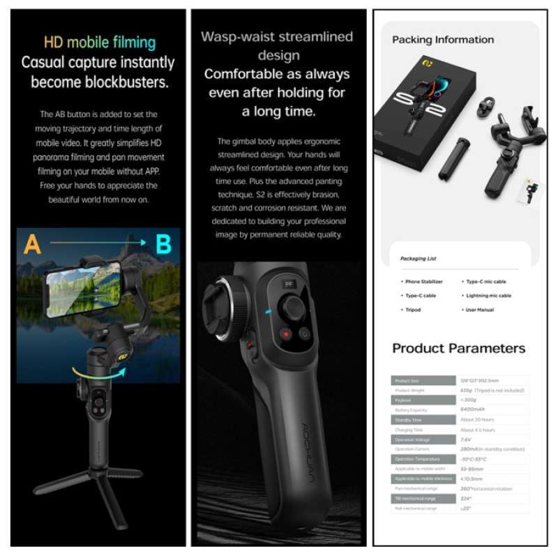 Promo Aochuan Smart S2 3-axis Gimbal Stabilizer Smartphone Integrated ...