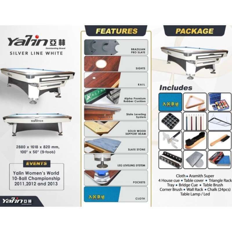 Jual Meja Billiard 9 Ft Yalin Silver Line White - Meja Billiyar Di ...