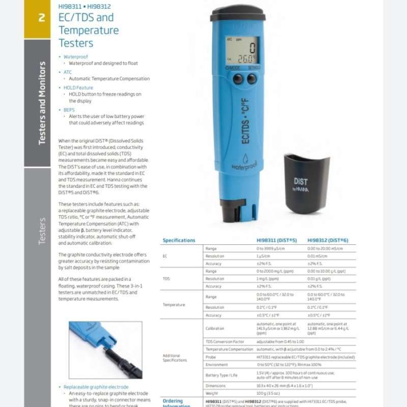 Promo Hanna Instruments Hi-98311 Ec, Tds And Temperature Tester, Low ...