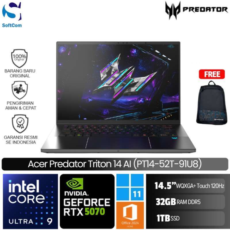 Jual Acer Predator Triton 14 Ai Pt14 52t 91u8 Ultra 9 288v/32gb/1tb Ssd/rtx5070 8gb/14.5wqxga ...