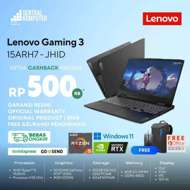 Jual Lenovo IdeaPad Gaming 3 15ARH7 JHID Ryzen 5 7535HS RTX 2050 8GB 512GB SSD Win 11 OHS Di