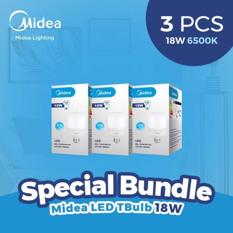 Promo Midea Bundle Lampu Led T Bulb 18 Watt 6500k Putih - Isi 3 Pcs ...