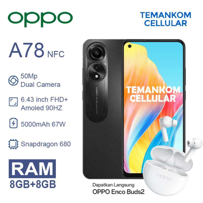 Jual OPPO A78 NFC 16GB Ram 8+8 8/256 256GB Bonus TWS Oppo Enco Buds 2 ...