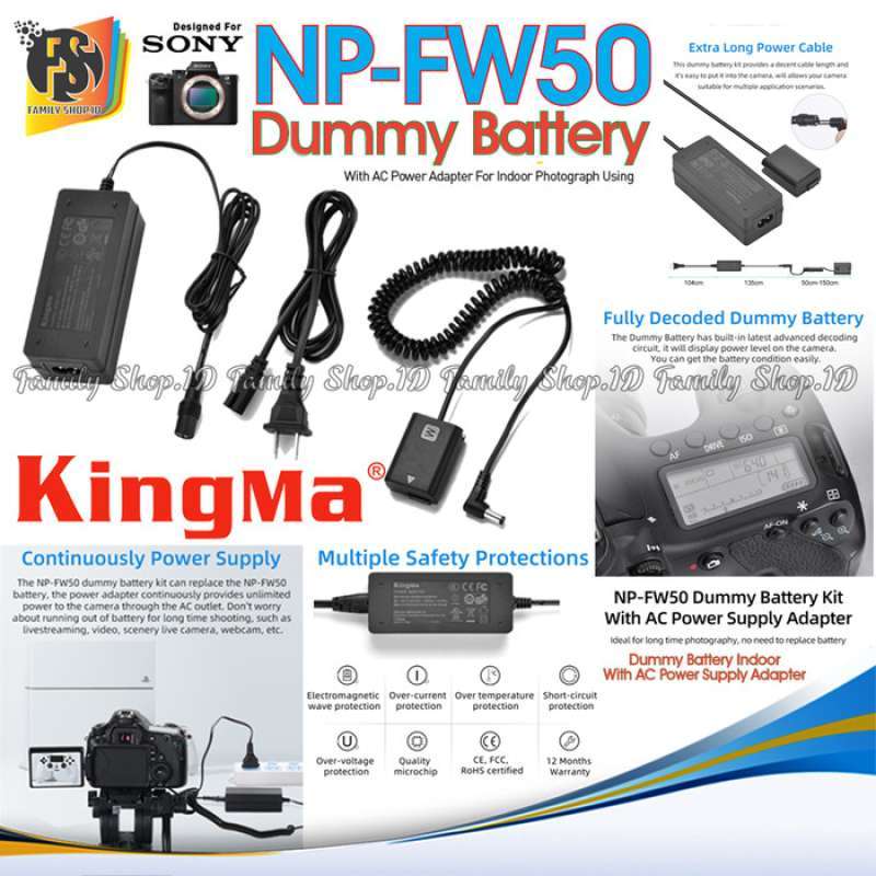 Promo Kingma Dummy Battery Kit NP-FW50 Indoor with AC Power Supply ...