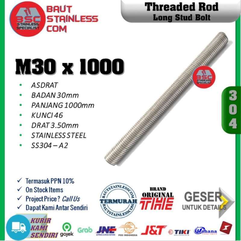 Promo ASDRAT STAINLESS 304 STUD BOLT THREADED ROD BAUT FULLDRAT M30X1 ...
