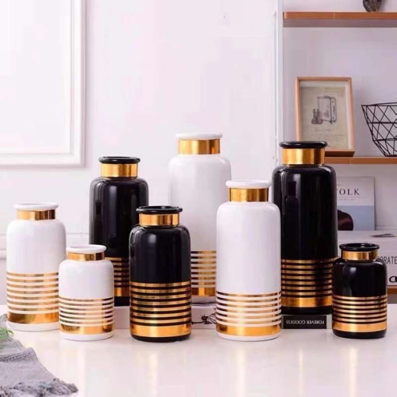 Jual el Vase / vas bunga keramik cantik hitam putih gold emas di Seller ...
