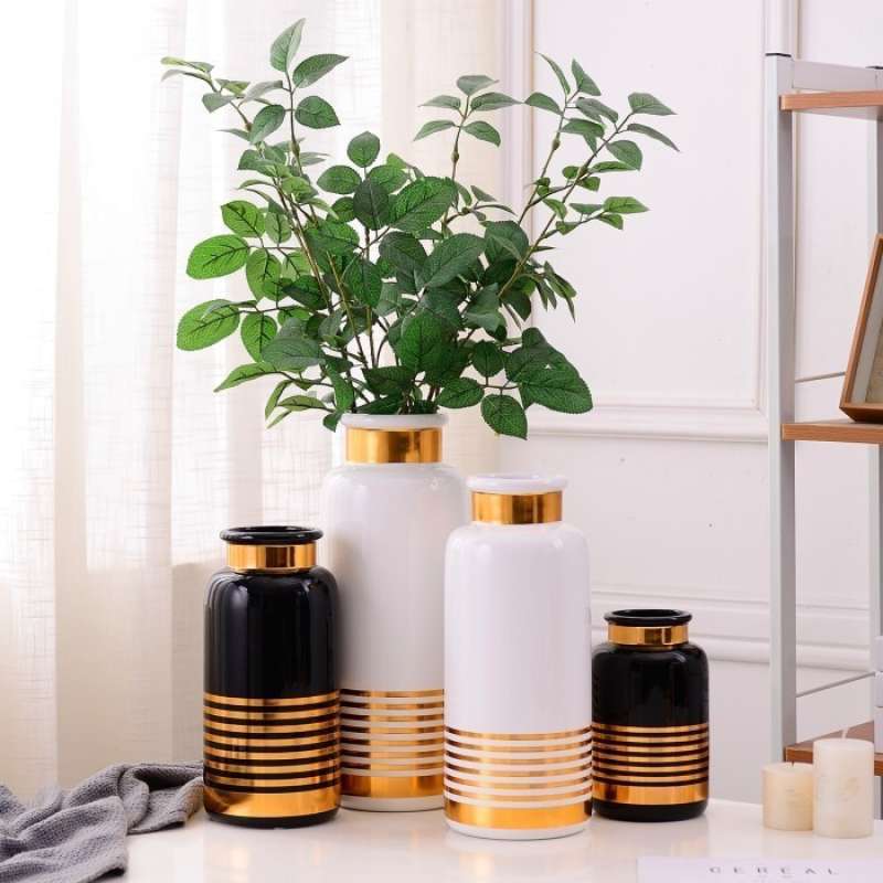Jual el Vase / vas bunga keramik cantik hitam putih gold emas di Seller ...