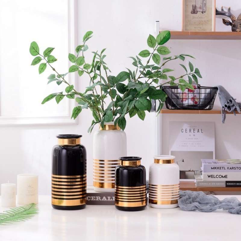 Jual el Vase / vas bunga keramik cantik hitam putih gold emas di Seller ...