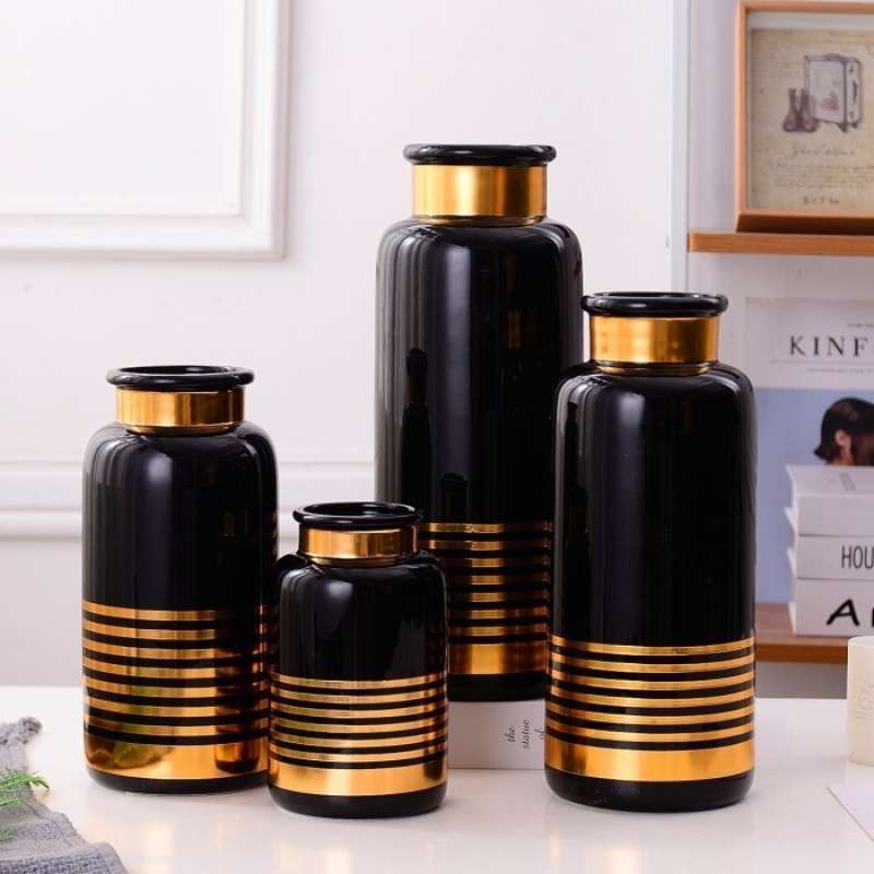 Jual el Vase / vas bunga keramik cantik hitam putih gold emas di Seller ...