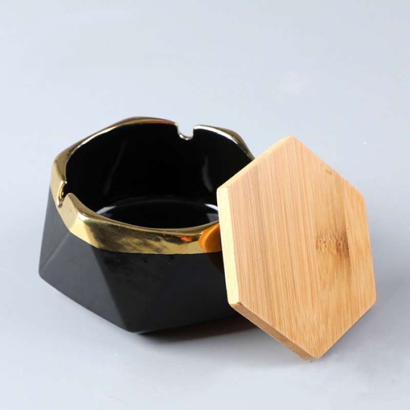 Promo Asbak Keramik Gold + Tutupan Kayu / Asbak Mewah / Asbak Unik ...