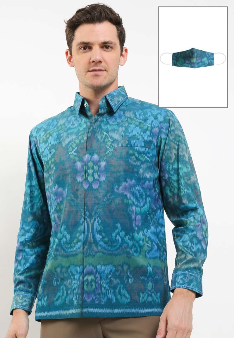 Jual Tenun eBoon Kemeja Tenun Ikat Motif Bunga Lengan Panjang Hijau di ...