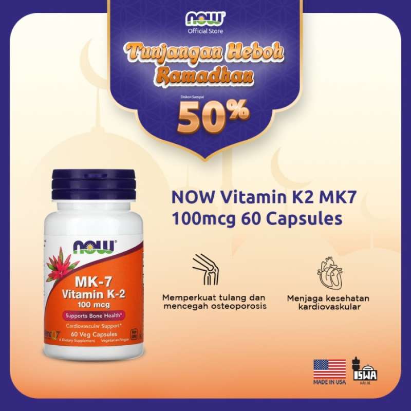 Promo NOW Vitamin K2 MK7 100mcg 60 Capsules Diskon 23% di Seller Zami ...