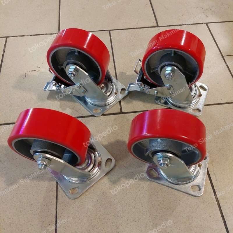 Promo roda pu 5 inch hidup duty 2 putar 2 rem /roda caster 5 pu merah ...