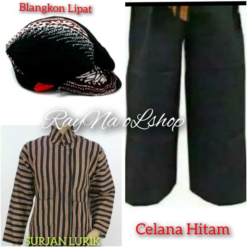Promo 1 Set Baju Surjan Lurik Pria + Blangkon Lipat Tanpa Sliwir + Celana Hitam, Pakaian Tenun ...