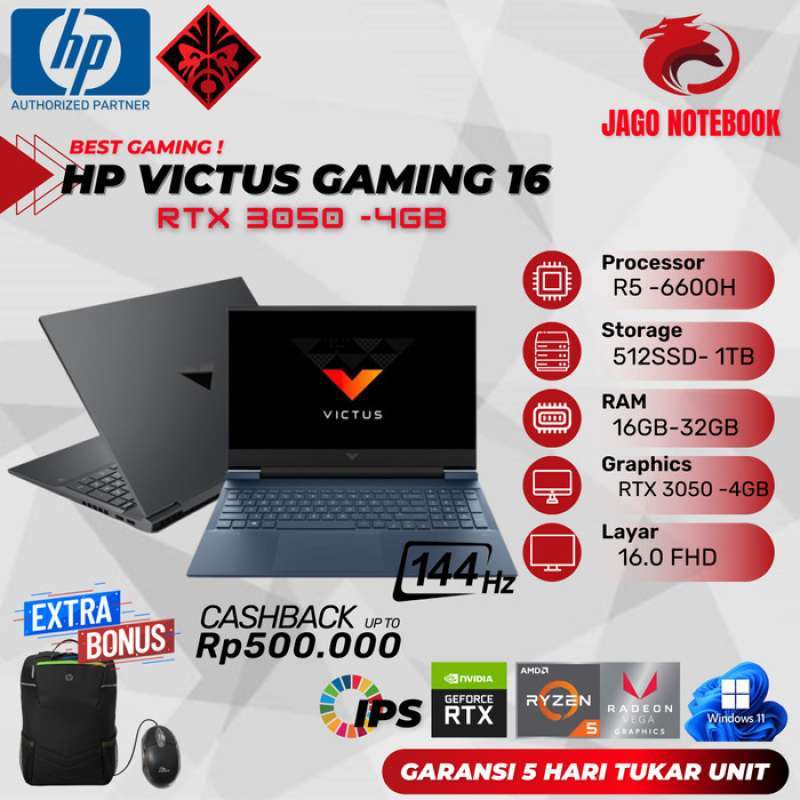 Promo HP Victus Gaming 16 E1090AX RTX3050 4GB RYZEN 5 6600H WIN 11 OHS ...