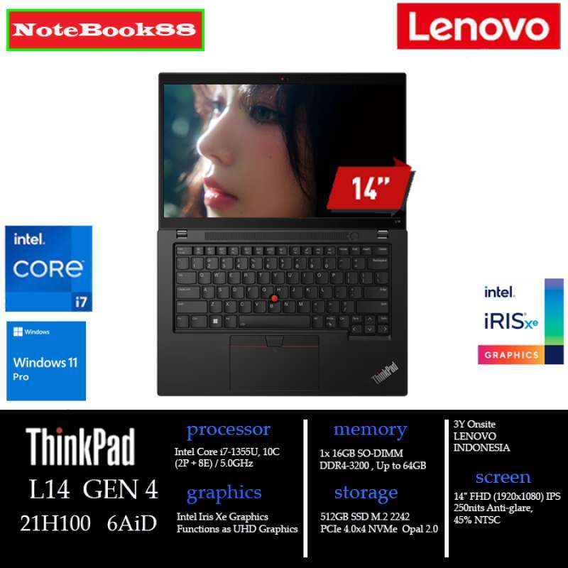 Jual Lenovo Thinkpad L14 Gen 4 6aid || Intel Core I7-1355u Vga Iris Xe ...