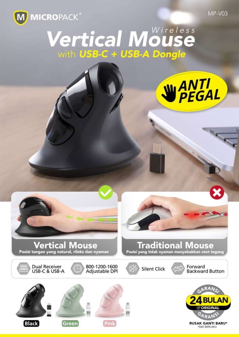 Jual MICROPACK MOUSE WIRELESS VERTICAL - DUAL RECEIVER USB-A & USB-C ...