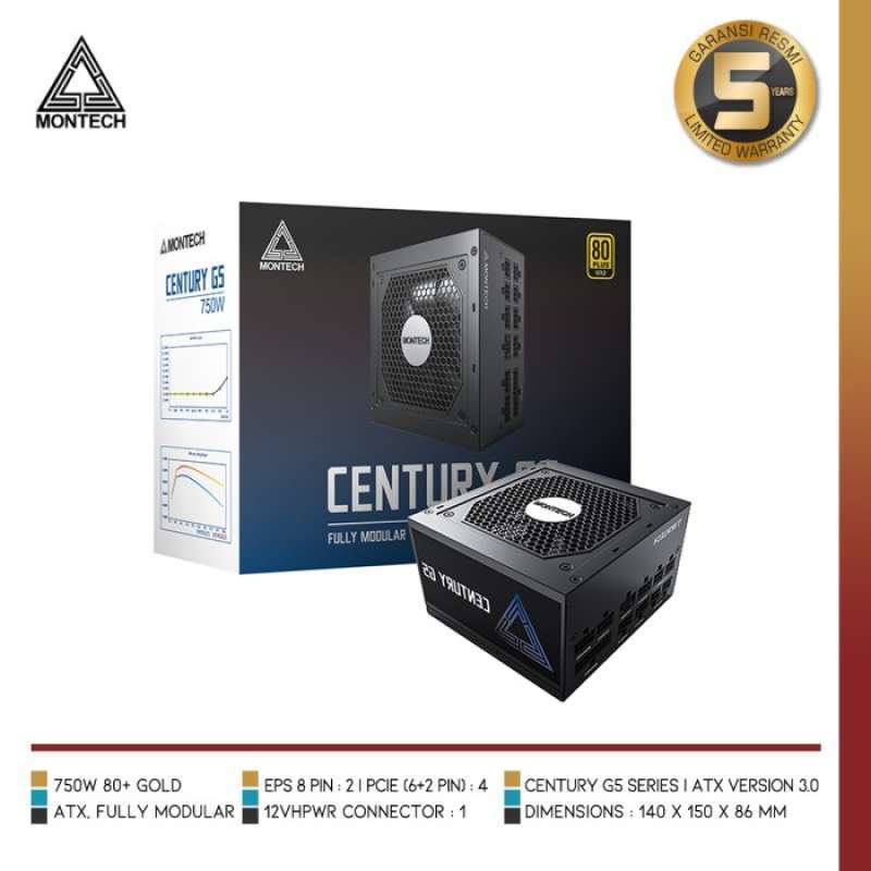 Jual MONTECH CENTURY G5 750W | PSU 750W 80+ GOLD Fully Modular di ...