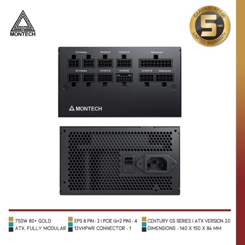 Jual MONTECH CENTURY G5 750W | PSU 750W 80+ GOLD Fully Modular di ...