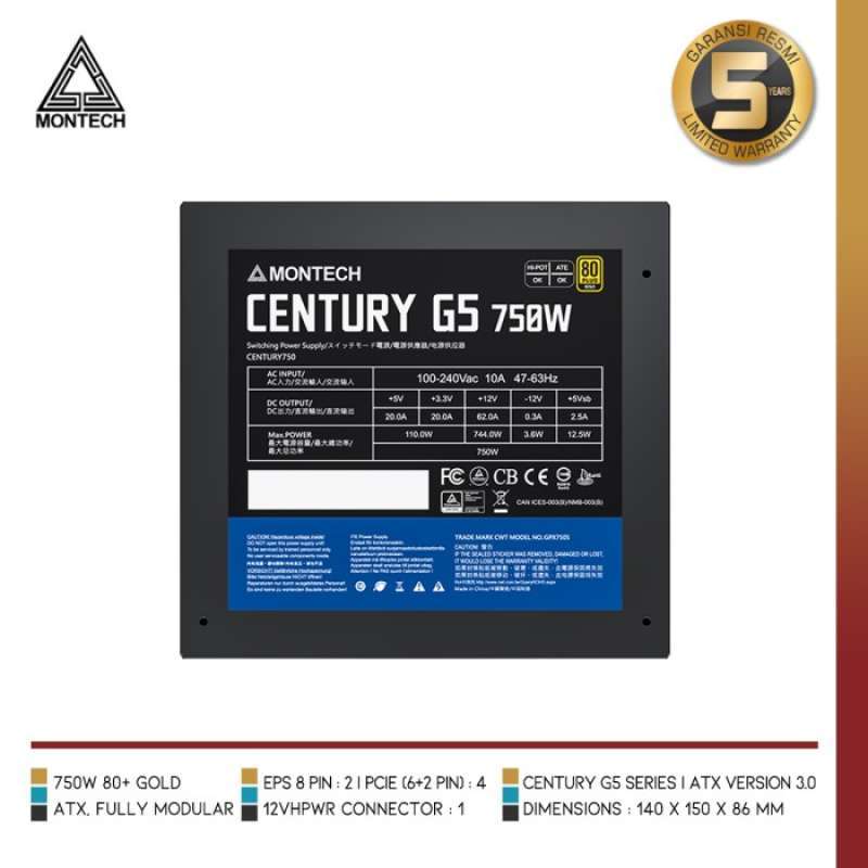 Jual MONTECH CENTURY G5 750W | PSU 750W 80+ GOLD Fully Modular di ...