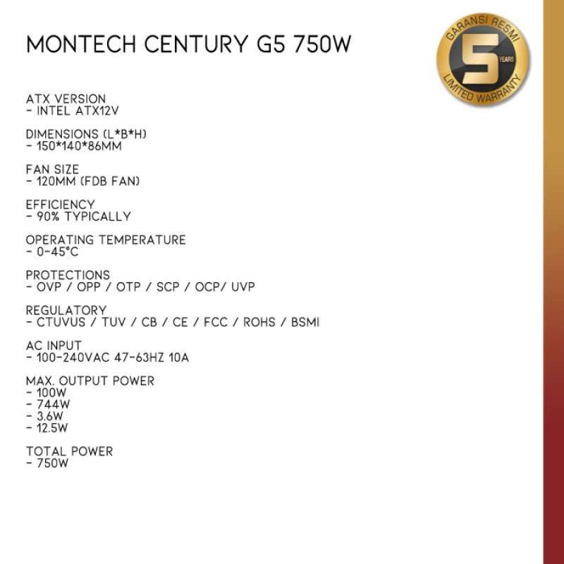 Jual MONTECH CENTURY G5 750W | PSU 750W 80+ GOLD Fully Modular di ...