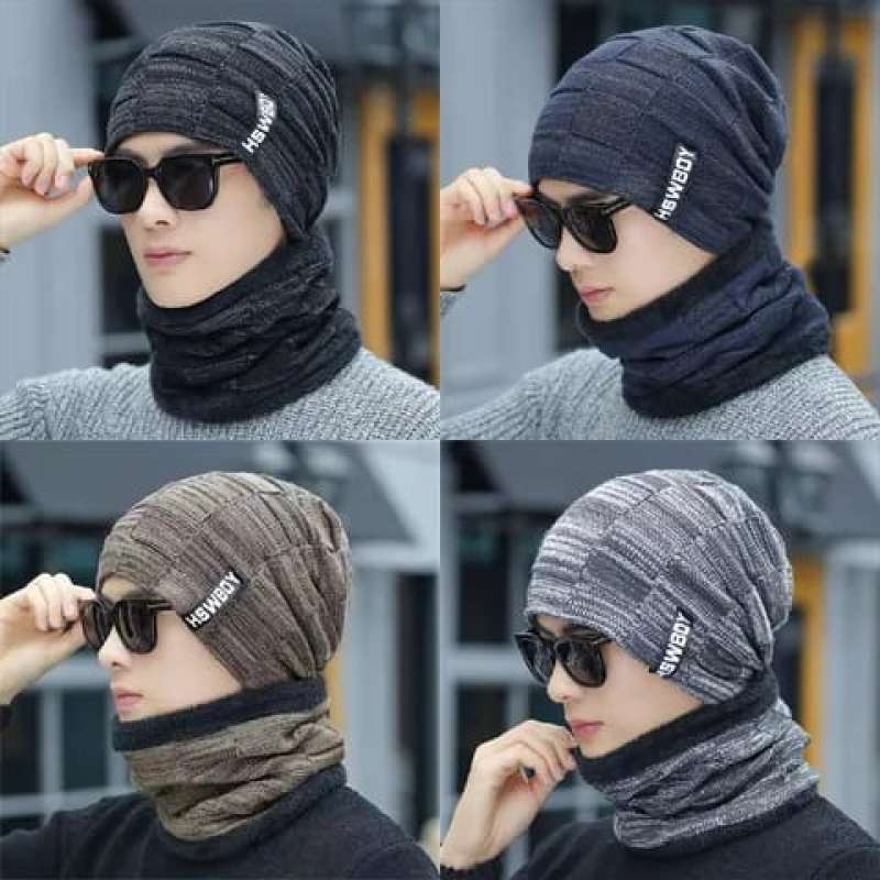 Promo Wlfs Topi Kupluk Dan Syal Set Benies Pria Impor Murah - Black Grey Diskon 27% Di Seller ...