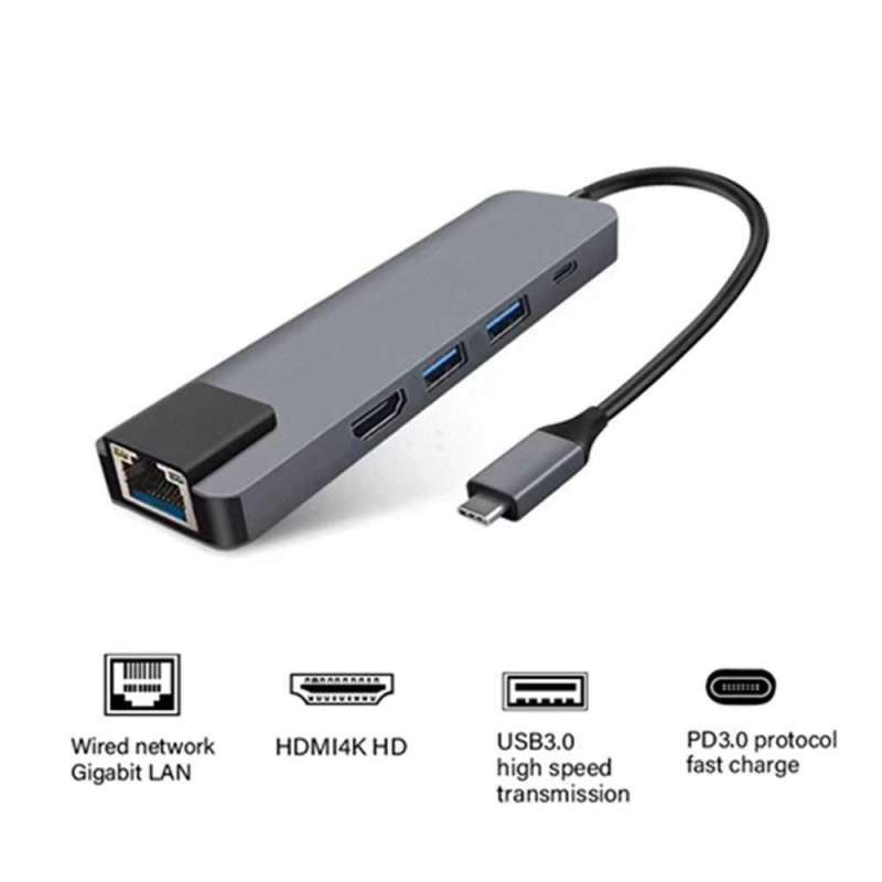 Jual Usb Type C Hub 5 In 1 Lan Hdmi Pass-through Charging Yc-206 ...