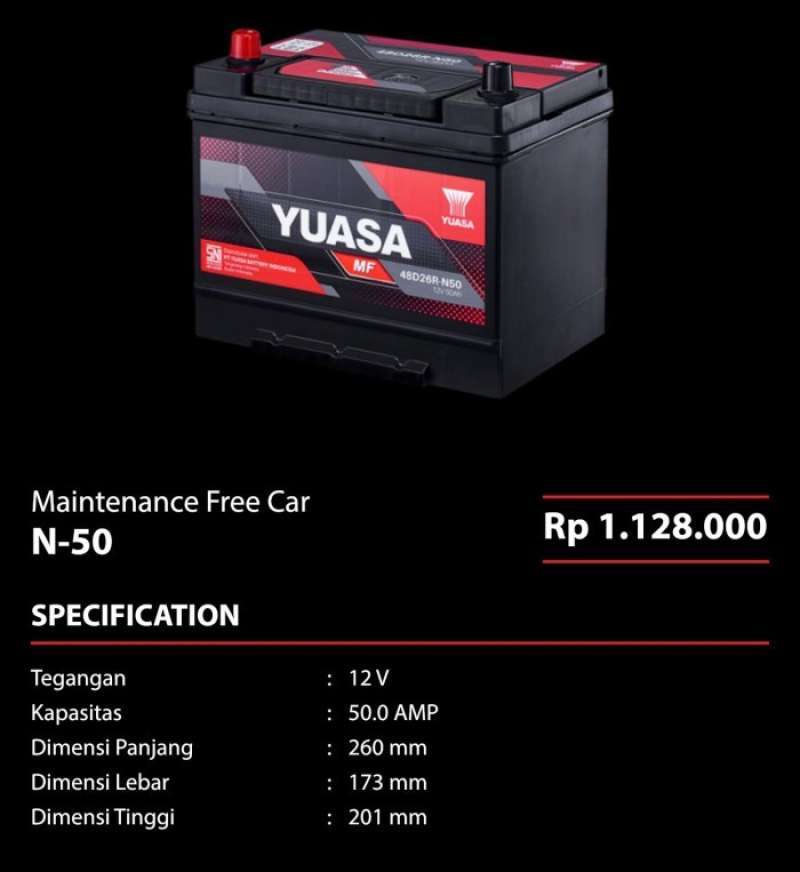 Promo Aki Mobil Yuasa N50 12v 50ah Accu Kering Mf Gojek Grab New Diskon 7% Di Seller Therbaith ...