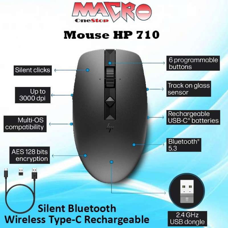 Jual Mouse Hp 710 Silent Bluetooth Wireless Type-c Rechargeable Di ...