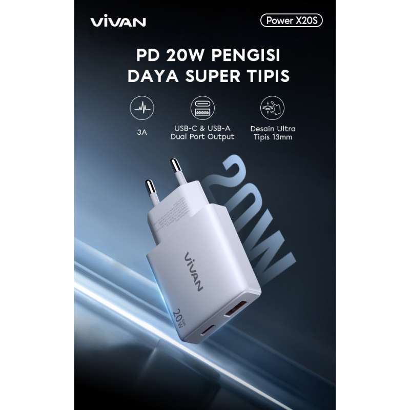 Jual Vivan Power X20s Adapter Charger Dual Port USB A-c Ultra Thin With ...