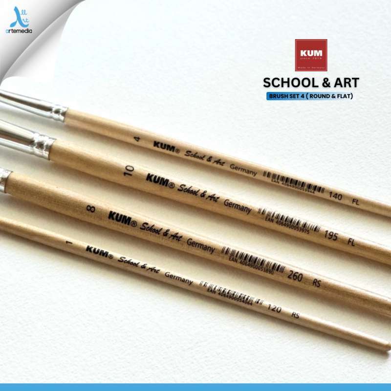 Promo Kum School & Art Kuas Lukis Set 4 Pcs Round & Flat Handle Pendek ...