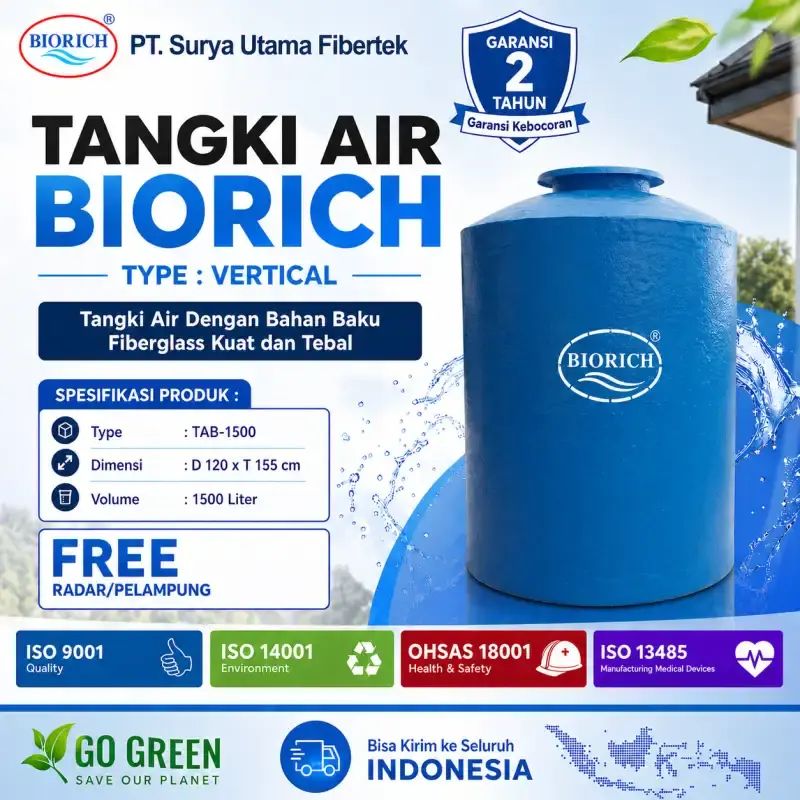 Jual Tangki Air Fiberglass Frp Biorich / Tangki Air Volume 1500 Liter ...