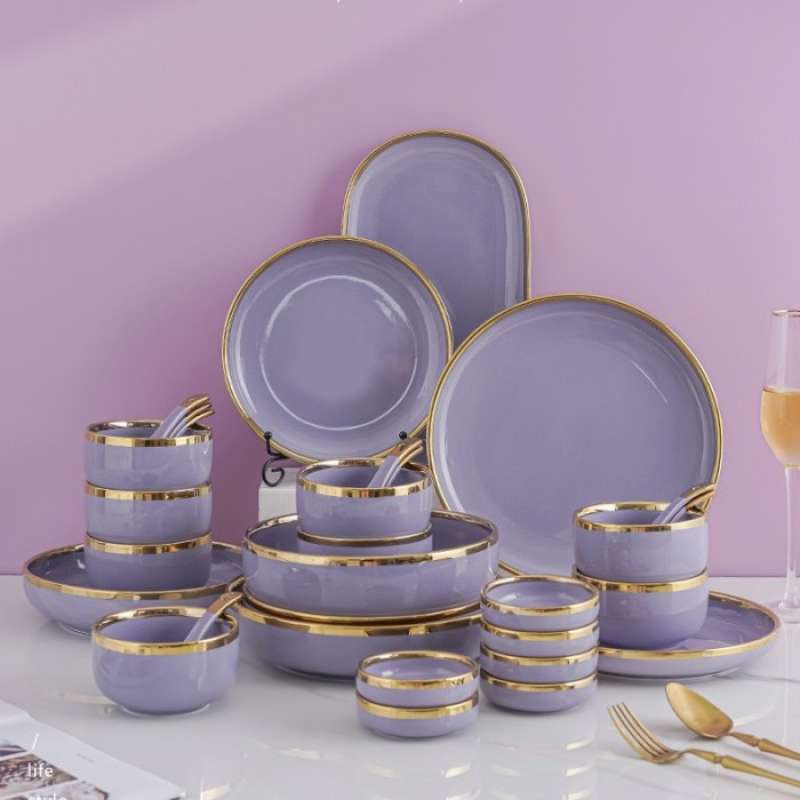 Jual Lilac Gold Plate Set / Paket Piring Keramik Cantik Ungu Purple ...