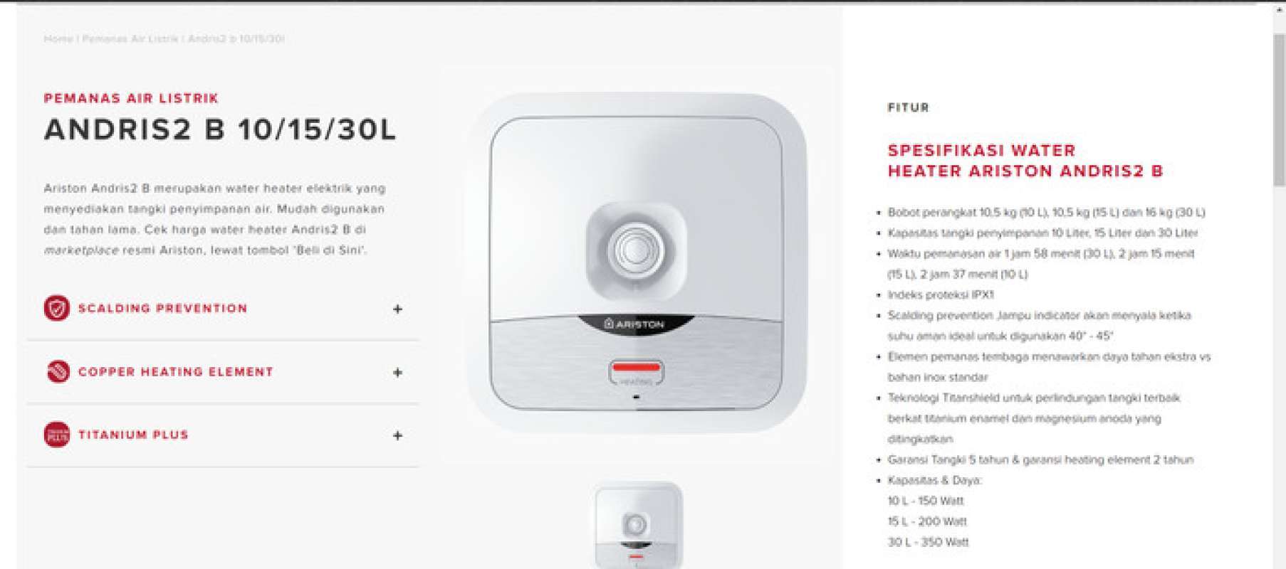 Promo Ariston Electric Water Heater Andris2 15l 15 L An2-15b Diskon 33% Di Seller Belibanyak ...