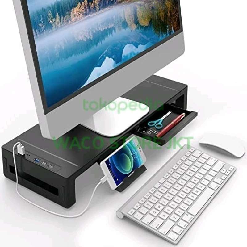 Promo Meja Monitor Stand Aluminium USB Port Tatakan Laci Keyboard ...
